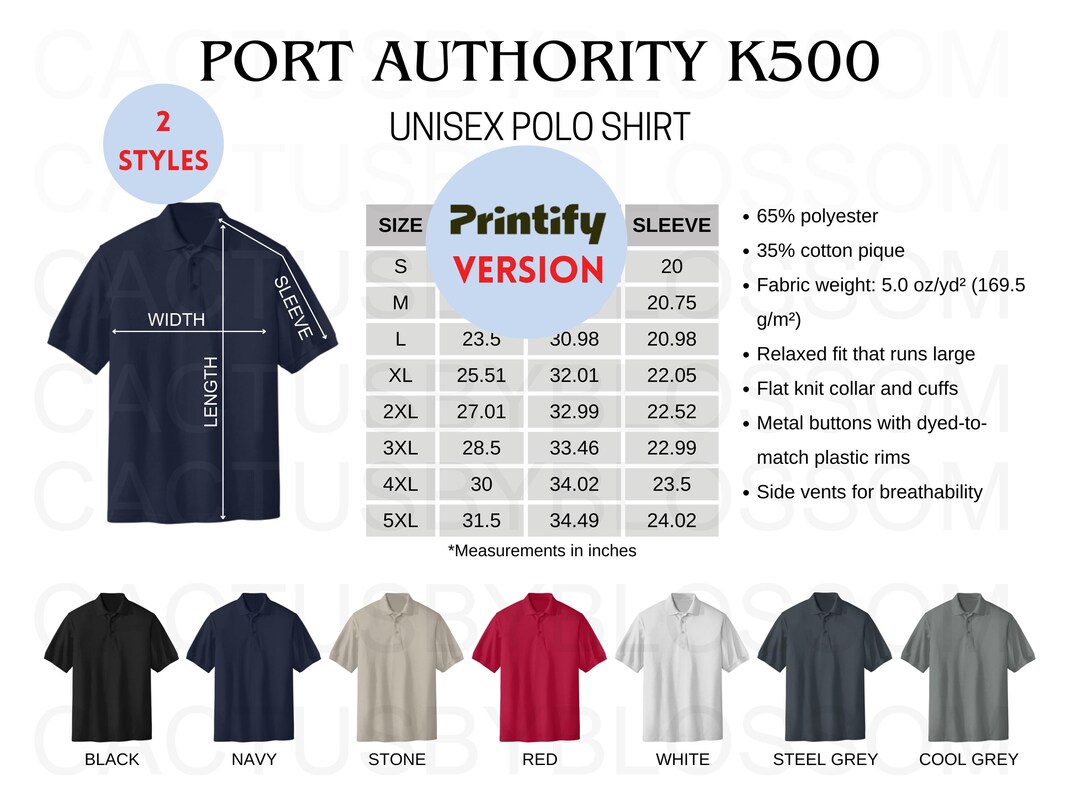 2 Size Chart Port Authority K500 Unisex Polo Shirt (embroidery) Etsy ...