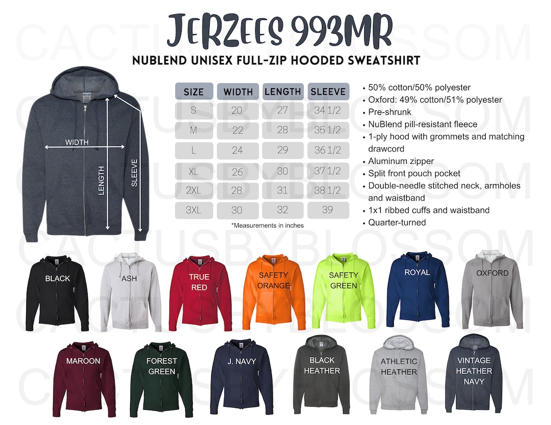 Size Chart Jerzees 993MR Mockup for Nublend Unisex Fullzip Hooded ...