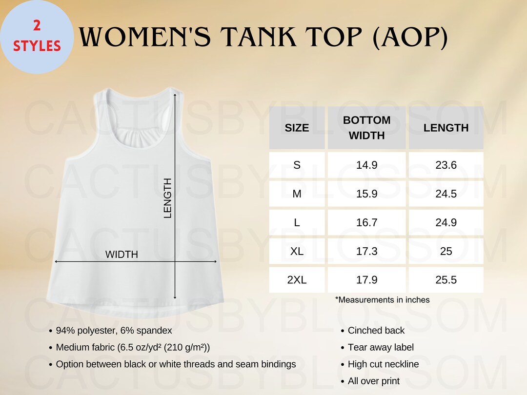 2 Size Chart Women's Tank Top (AOP) Mockup Etsy Tool Sizing S-2XL All ...