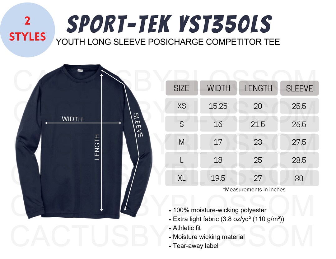 2 Size Chart Sport-tek YST350LS Mockup Youth Long Sleeve Competitor Tee ...