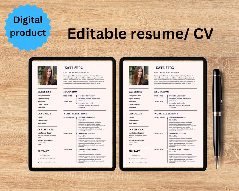 Resume Template, Editable CV Template, Professional Resume Premade Canva, With Photo and Modern ...