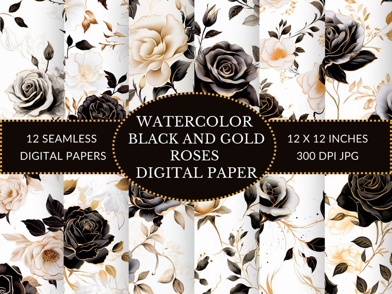 Watercolor Black and Gold Roses Digital Paper Pack, Roses Seamless ...