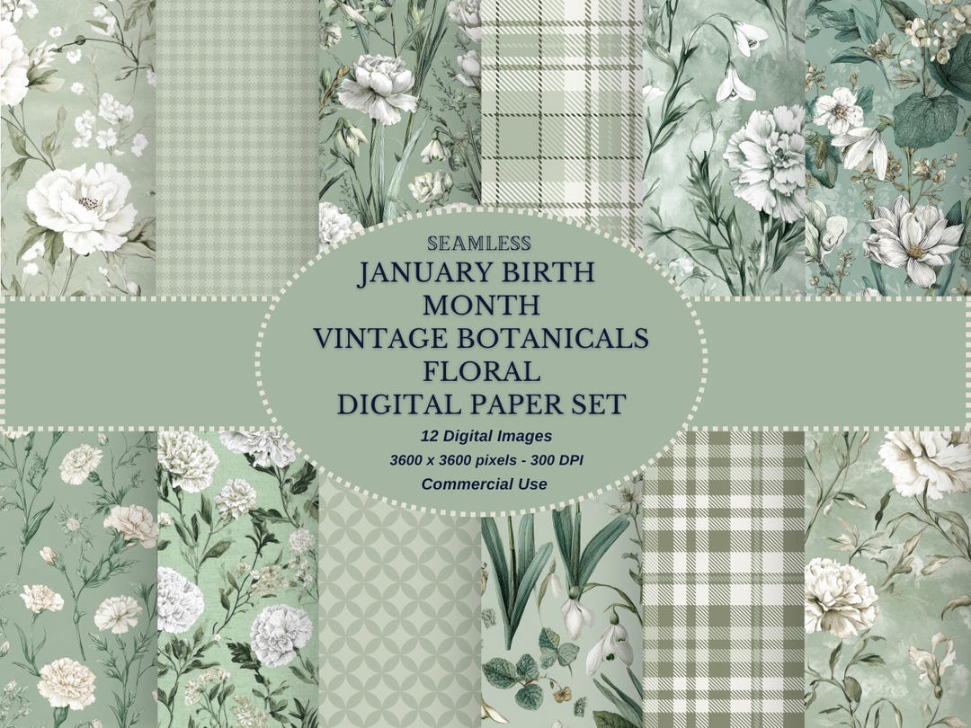 January Birth Month Vintage Botanical Florals Sage Green Digital Papers ...