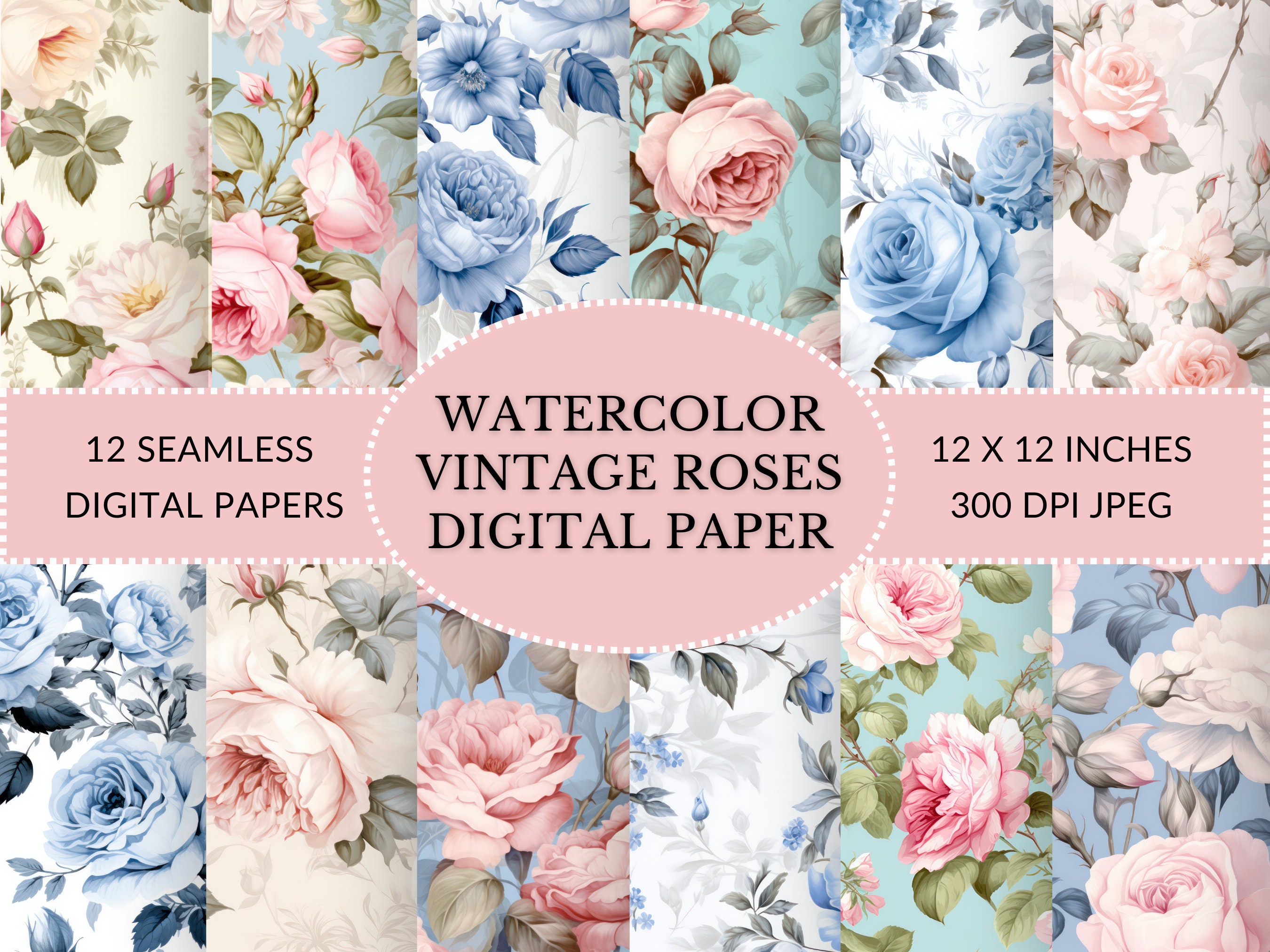 Vintage Inspired Pink and Blue Vintage Rose Digital Paper, Seamless ...