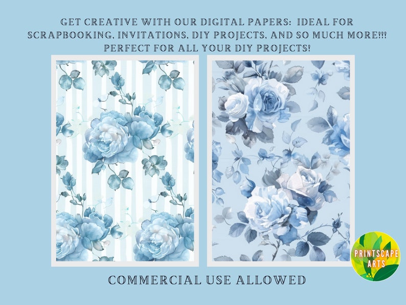 Vintage Blue Rose Digital Paper: Shabby Chic Floral Patterns (digital ...