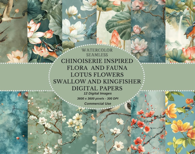 Chinoiserie Digital Paper, Chinese Patterns, Green & White Paper ...