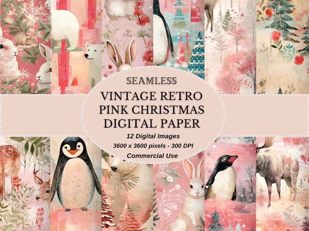 Printable Christmas Digital Paper: Downloadable Pink Vintage Retro ...