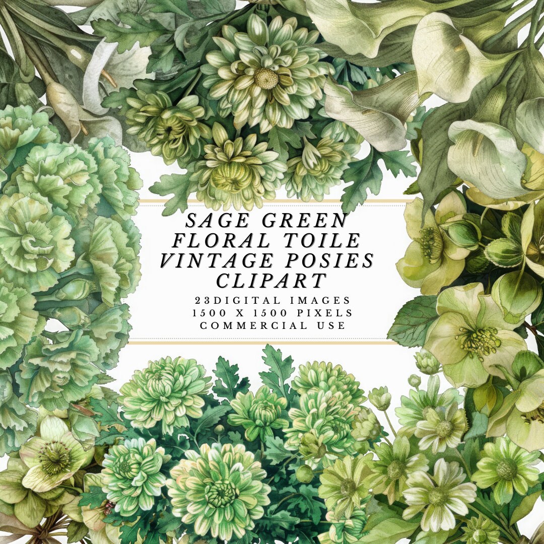 Green Floral Toile Inspired Clipart Set - Vintage Posies Digital ...