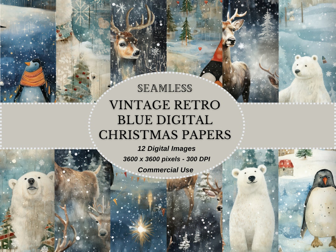 Printable Christmas Digital Paper: Downloadable Blue Vintage Retro ...