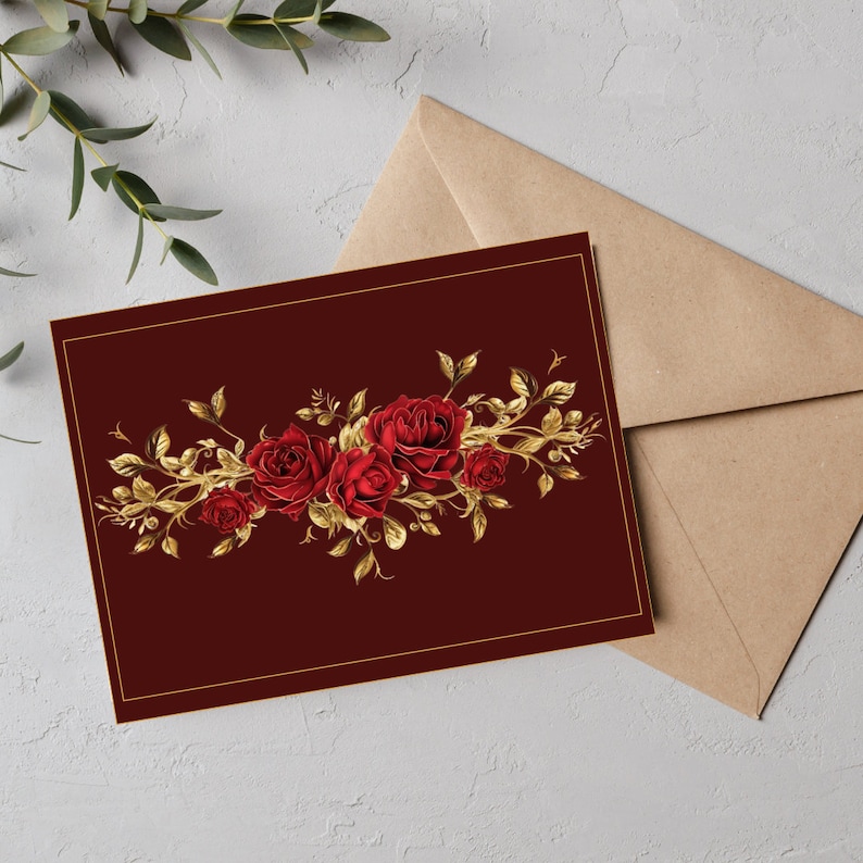 Elegant Red Gold Rose Clipart Digital Floral Graphics for Invitations ...