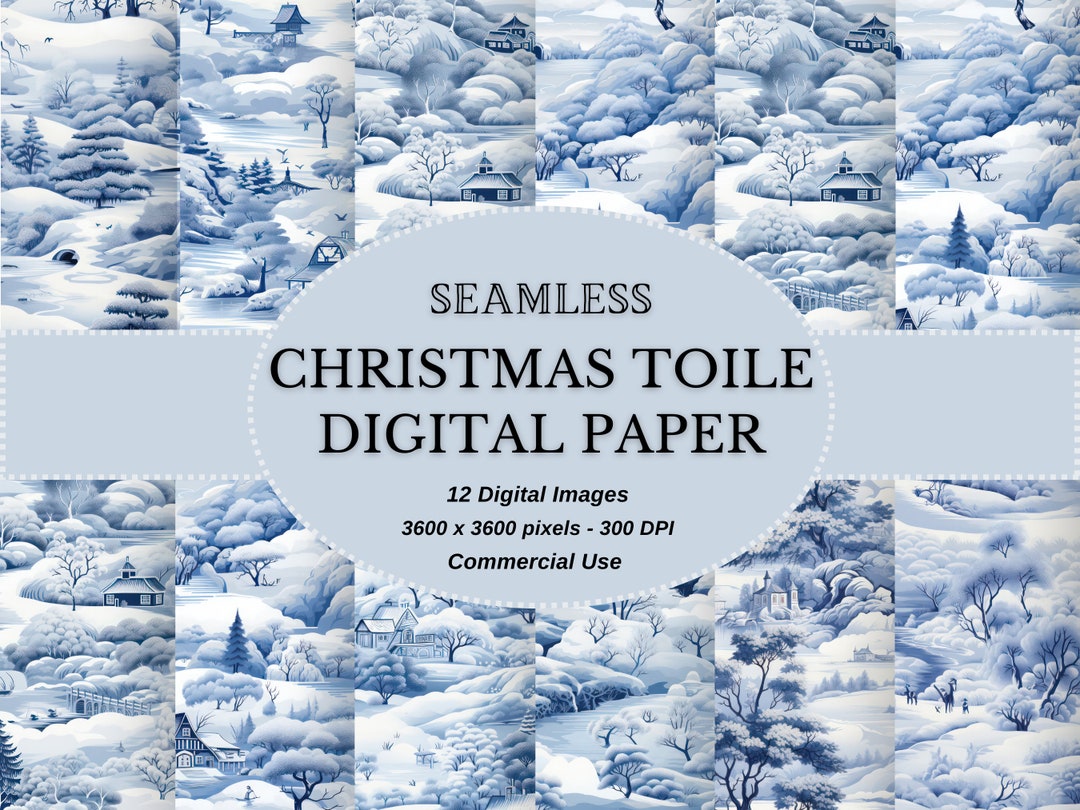 Christmas Toile Digital Paper - Blue and White Winter Scenes Seamless ...