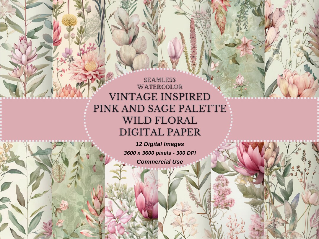 Vintage Watercolor Floral Digital Paper: Pink & Sage Green (seamless ...