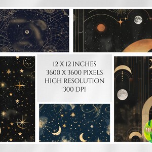 Celestial Gold and Black Digital Papers | Elegant Boho Inspired Designs ...