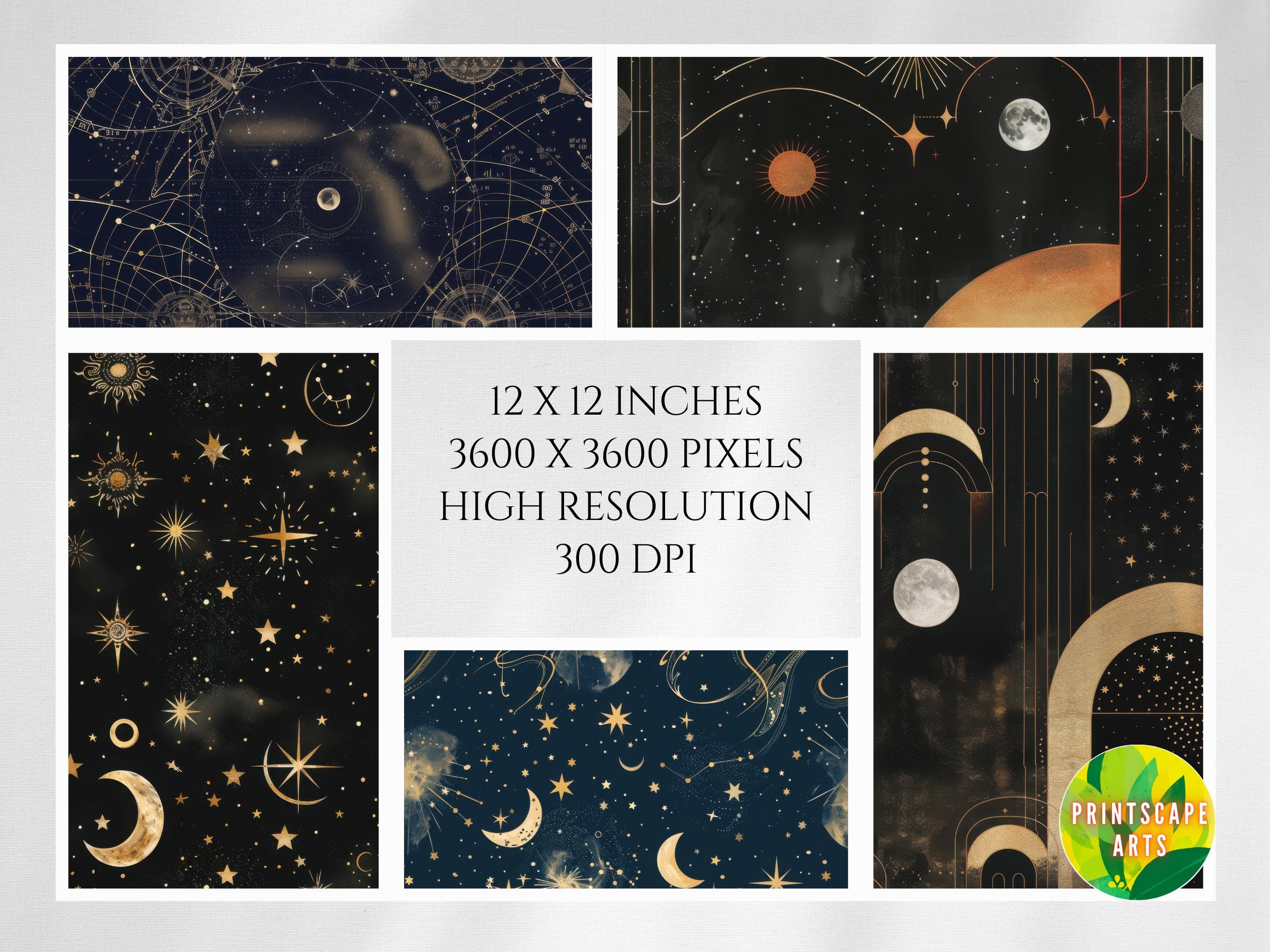 Celestial Gold and Black Digital Papers | Elegant Boho Inspired Designs ...