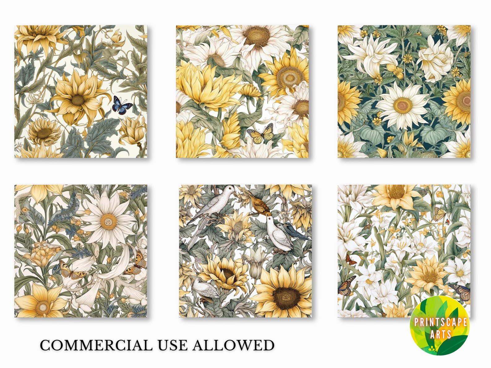 Vintage Sunflower Digital Paper: Seamless Floral Patterns (commercial ...