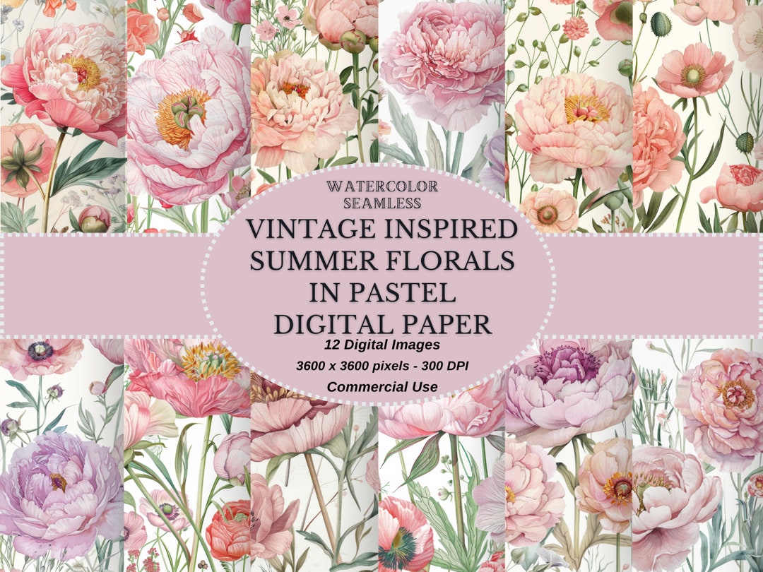 Vintage Watercolor Summer Floral Digital Paper Seamless Shabby Chic ...
