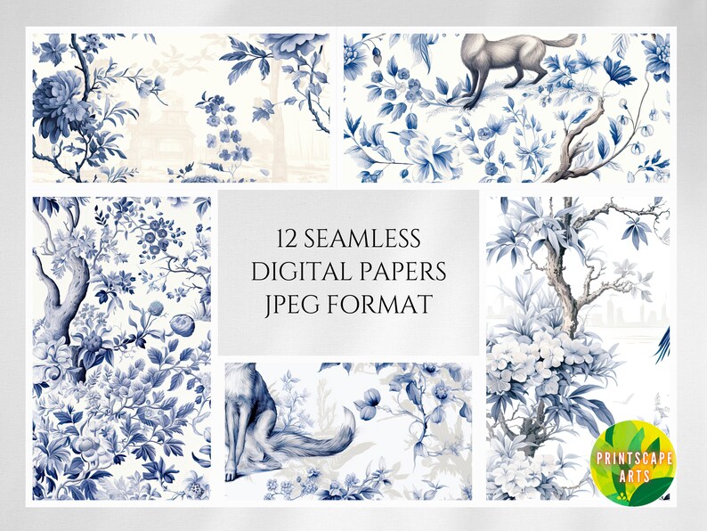 Toile Inspired Blue and White Floral and Fauna Seamless Digital ...