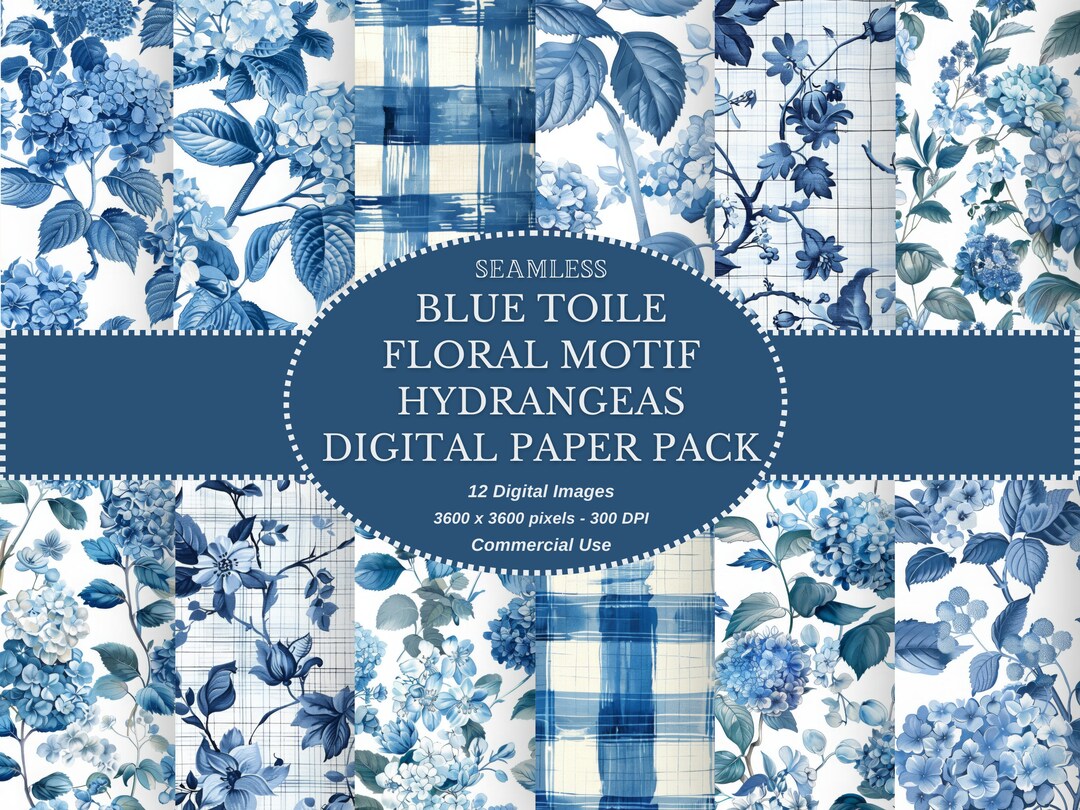 Blue Toile Hydrangea Digital Paper: Shabby Chic Scrapbook (digital ...