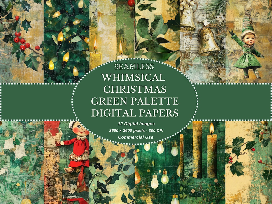 Whimsical Christmas Digital Paper: Green Holiday Patterns (digital ...