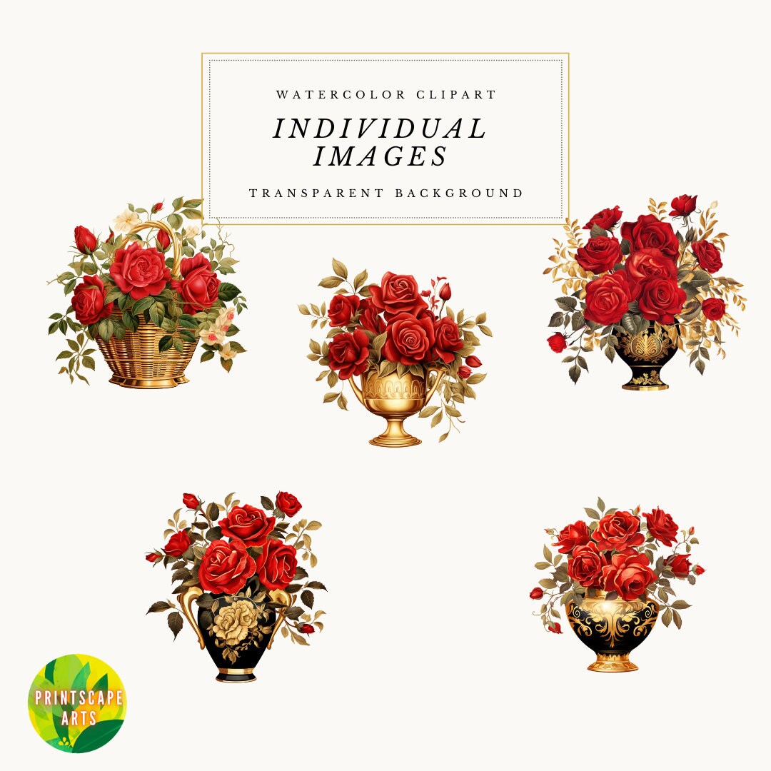 Elegant Red Gold Rose Clipart - Digital Floral Graphics for Invitations ...