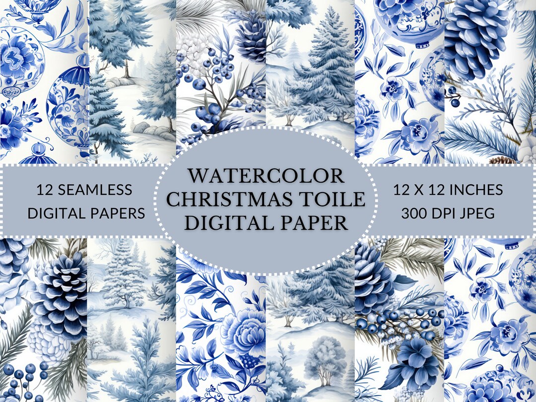 Christmas Toile Digital Paper: Blue & White Seamless Patterns (JPEG) - Etsy