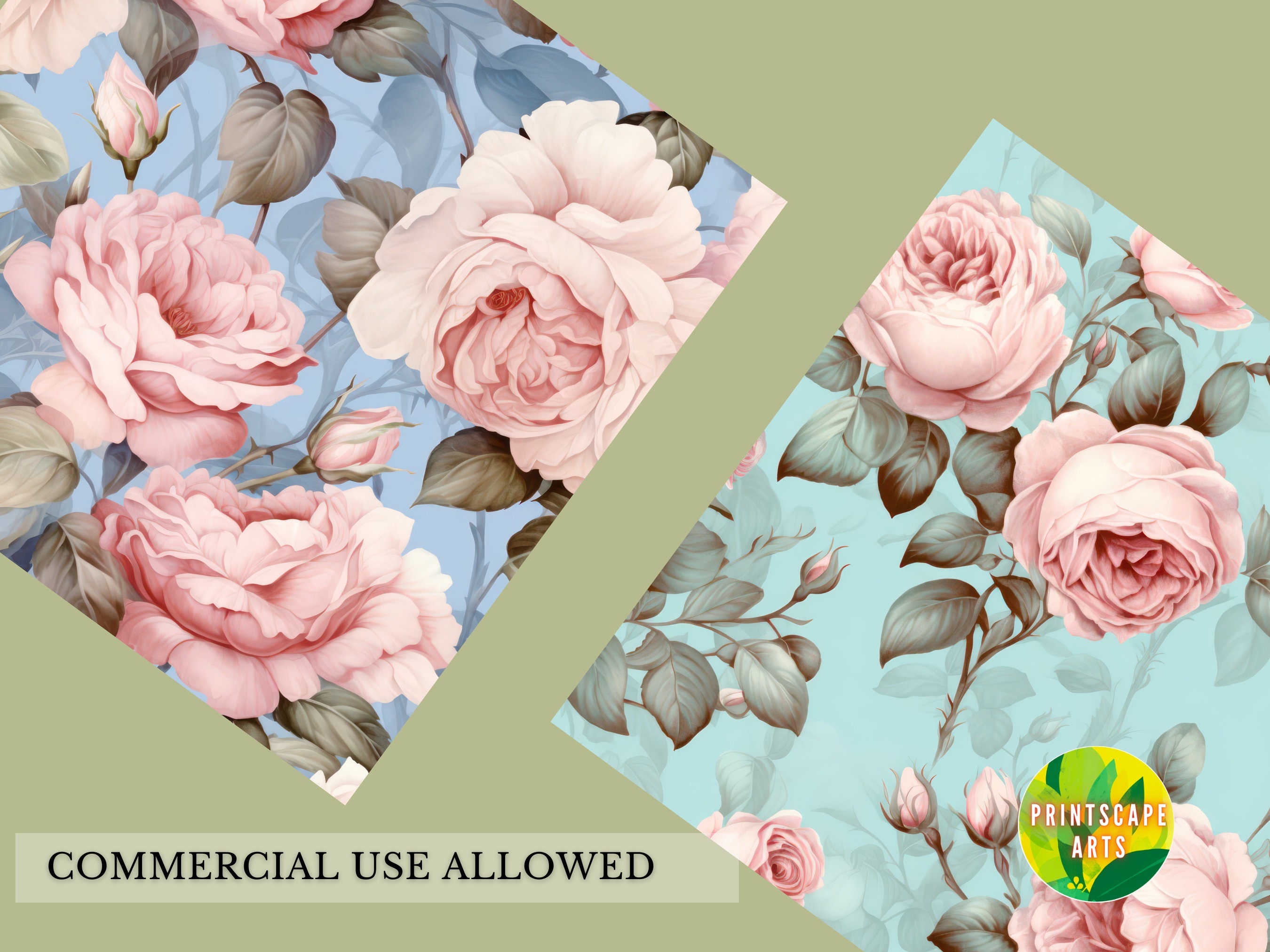 Vintage Inspired Pink and Blue Vintage Rose Digital Paper, Seamless ...