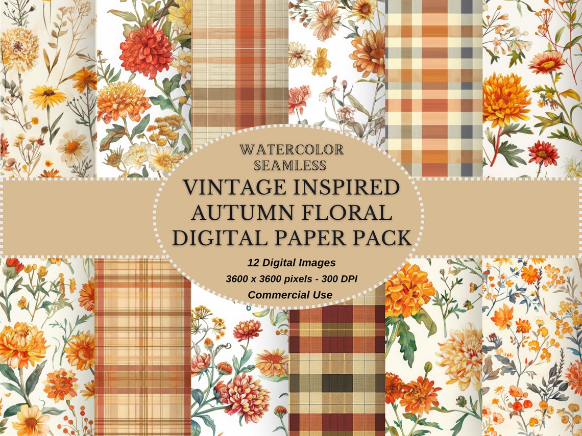 Vintage Autumn Floral Digital Paper: Earth Tone Gingham (digital ...