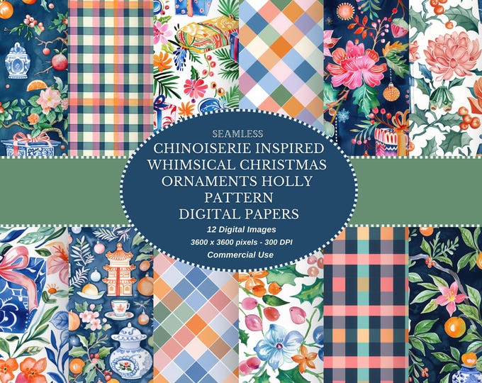 Chinoiserie Digital Paper, Chinese Patterns, Green & White Paper ...