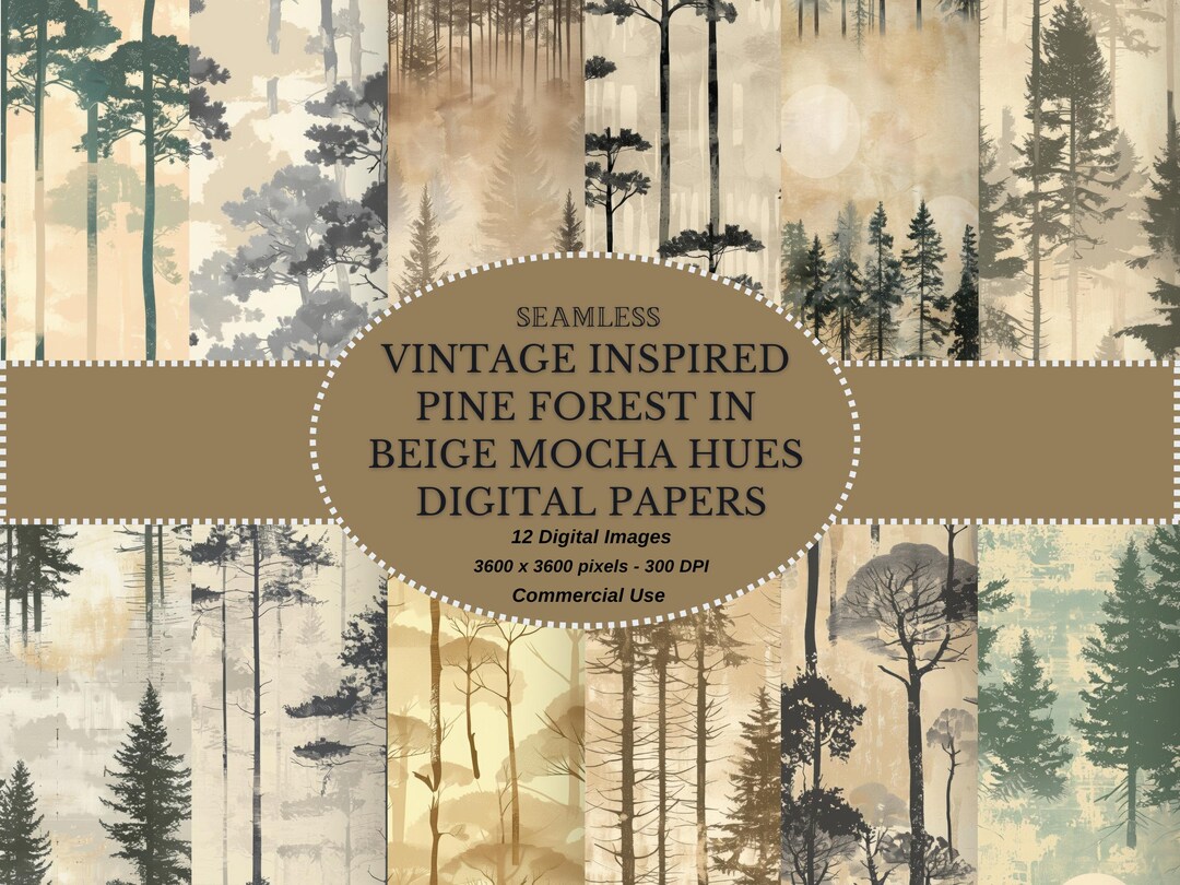 Vintage Inspired Pine Trees Digital Paper - in Beige and Mocha Hues ...