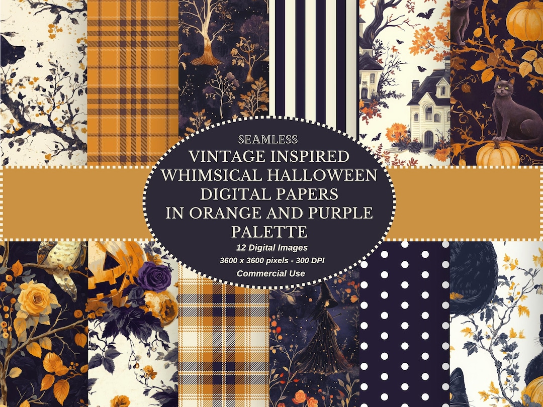 Vintage Halloween Digital Paper Set: Whimsical Orange & Purple Designs ...