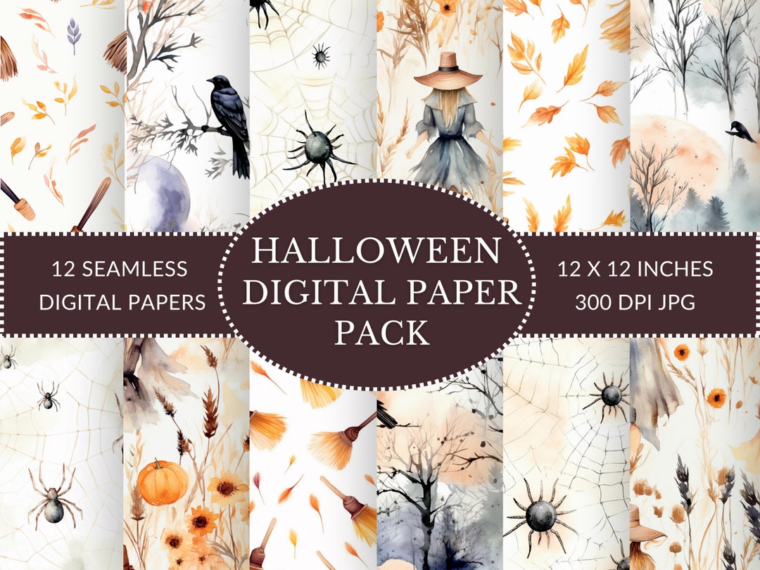 Halloween Digital Paper Pack - Broomsticks, Witch, Spider Web Instant ...