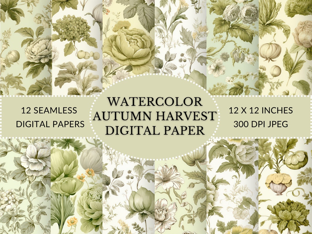 Watercolor Damask Inspired Autumn Harvest Digital Paper Pack in Green ...