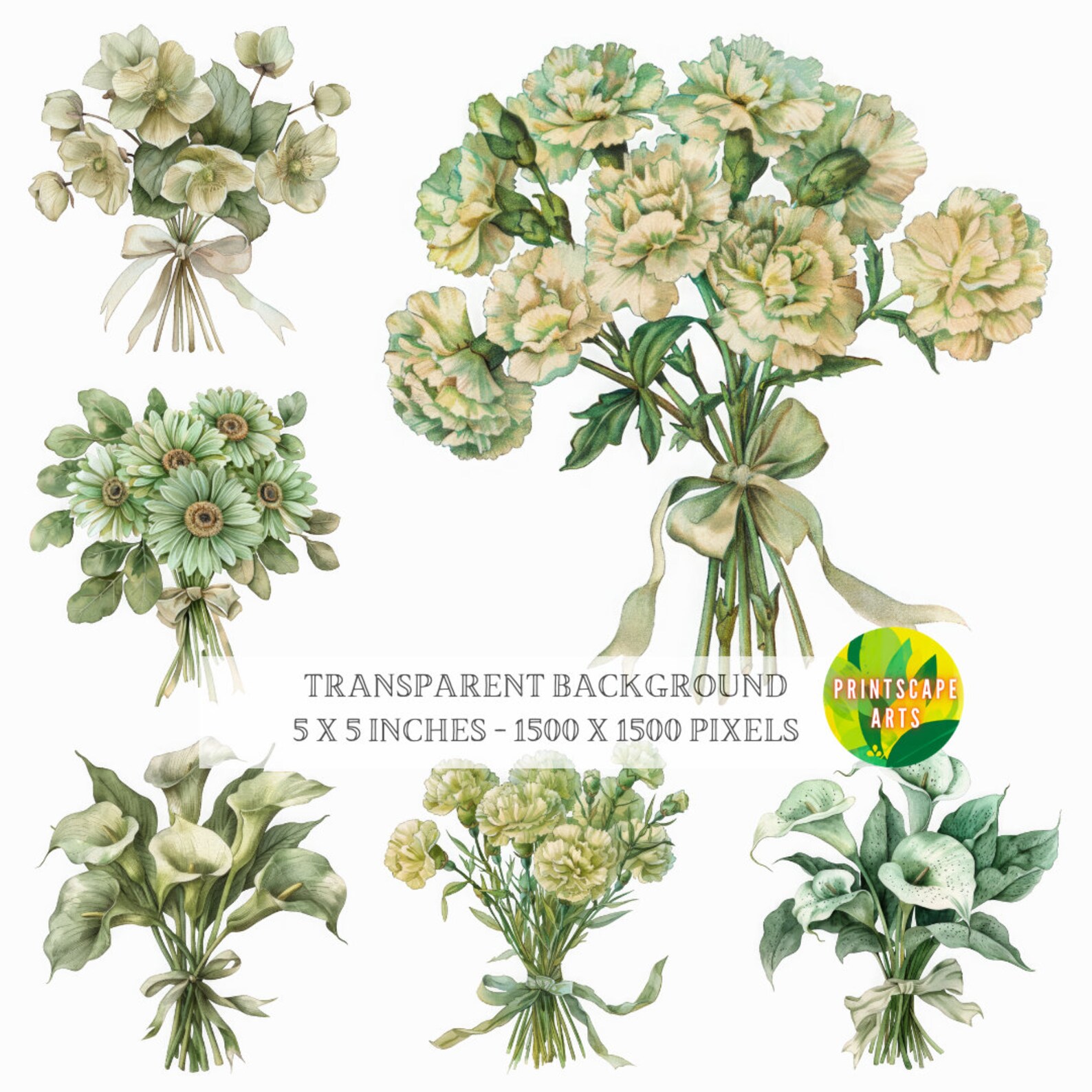 Green Floral Toile Clipart Set: Vintage Posies PNG (digital Download ...