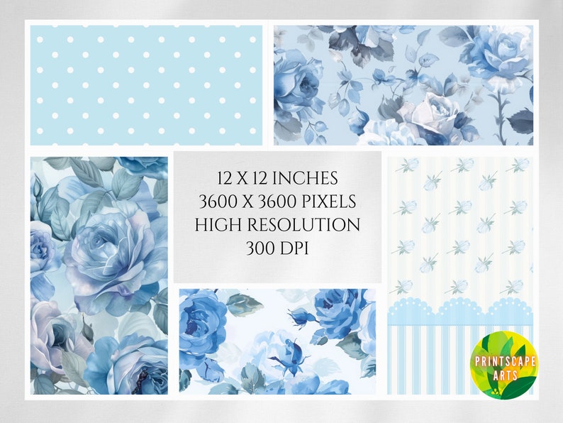 Vintage Blue Rose Digital Paper: Shabby Chic Floral Patterns (digital ...