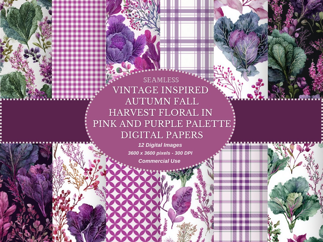 Autumn Floral Harvest Digital Paper Set: Vintage Pink & Purple Fall ...