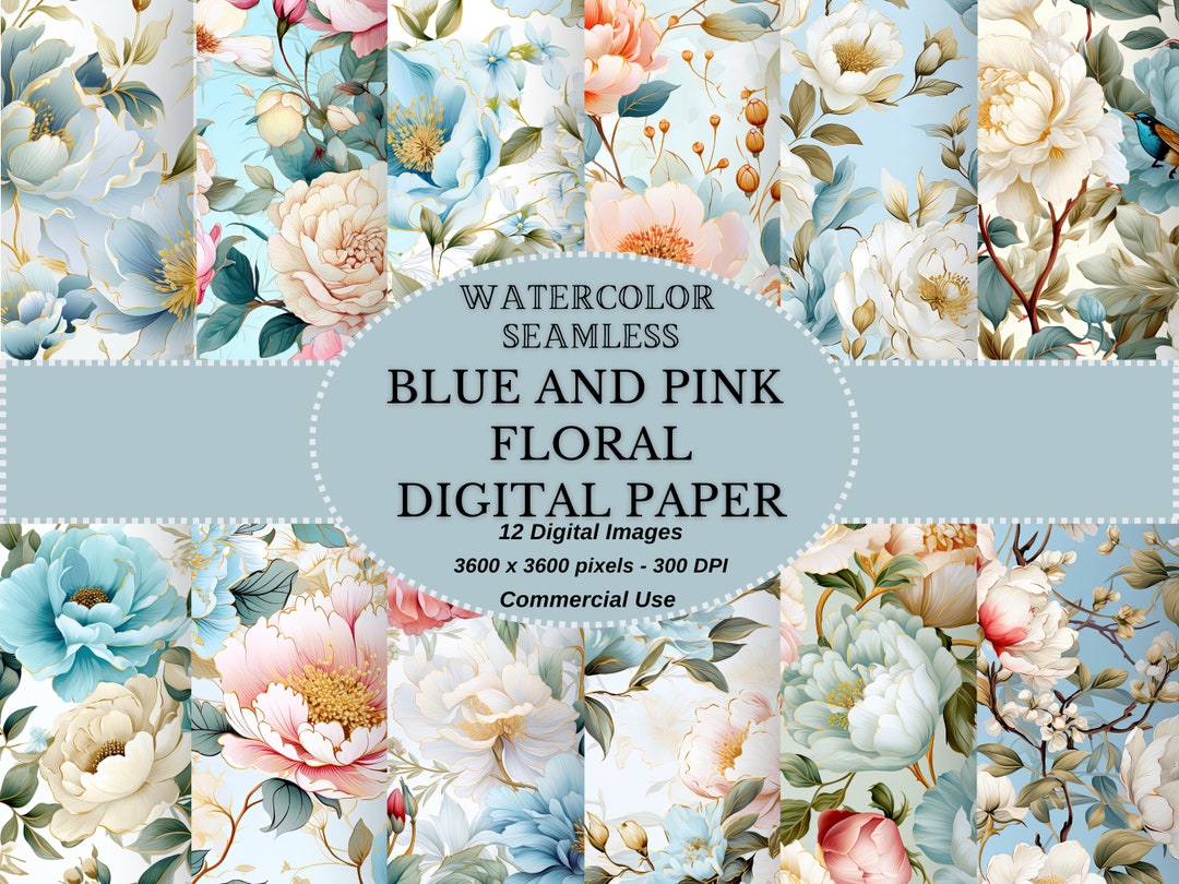 Watercolor Floral Digital Paper: Blue & Pink Vintage Patterns (digital ...