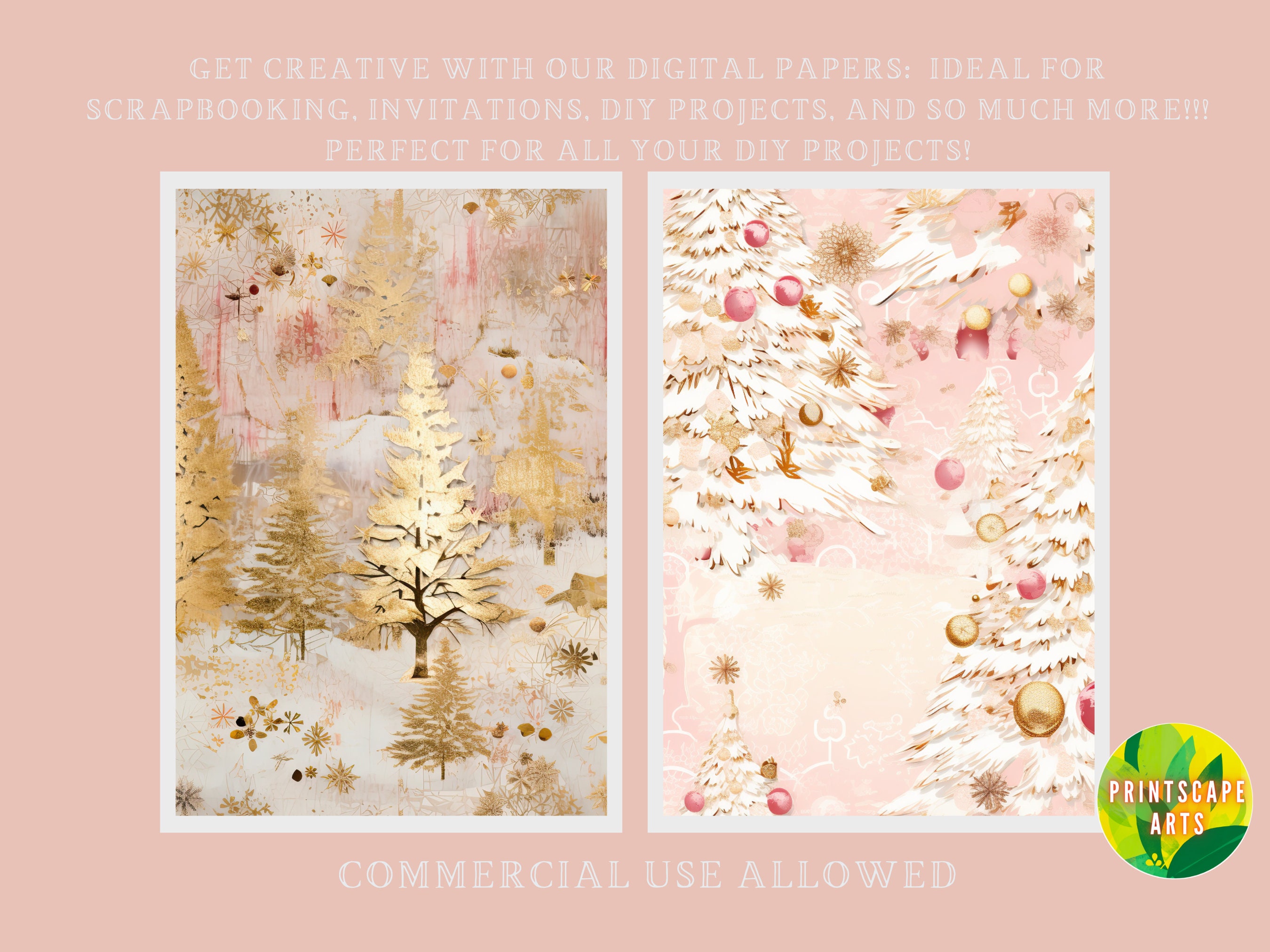Printable Pink and Gold Christmas Digital Paper: Downloadable Vintage ...