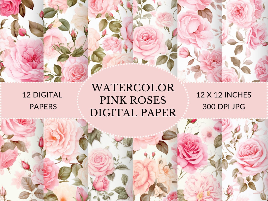 Watercolor Pink Roses Digital Paper Pack, Roses Seamless Pattern, Pink ...