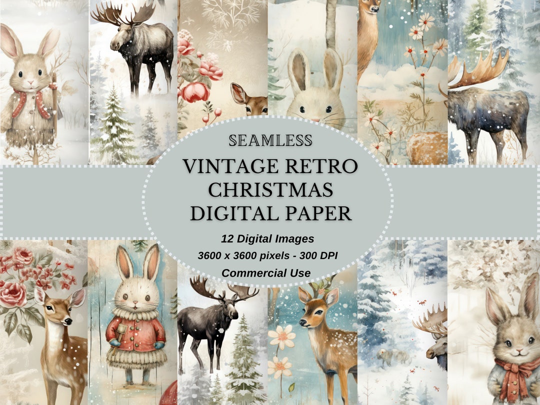 Vintage Christmas Digital Paper: Retro Animal Designs (digital Download ...