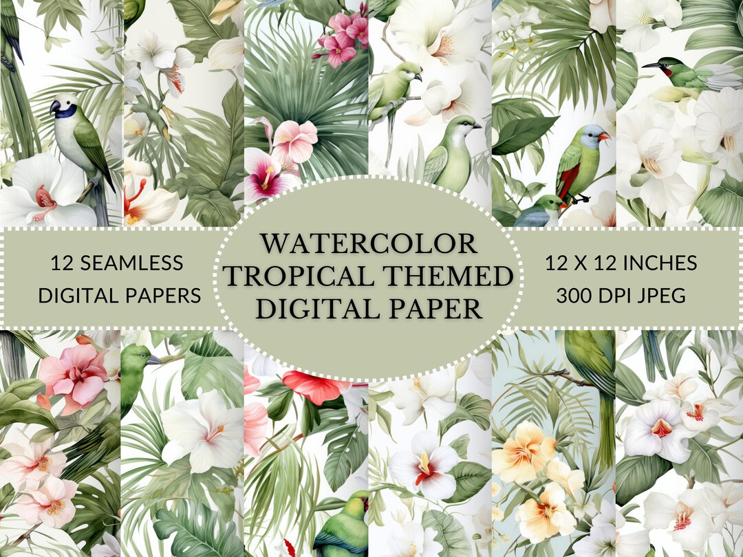 Watercolor Tropical Digital Paper Set: Chintz Floral Bird (JPEG) - Etsy