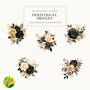 Watercolor Black Gold Rose Clipart: Floral Bouquet, Border (PNG ...