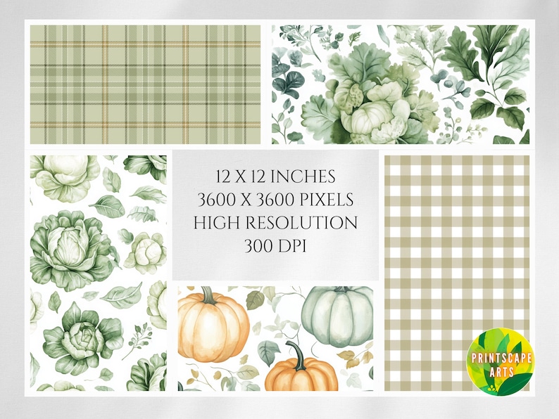 Autumn Harvest Digital Paper Set: Vintage Green & Orange Fall ...