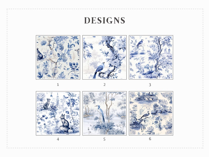 Toile Inspired Blue and White Floral and Fauna Seamless Digital ...