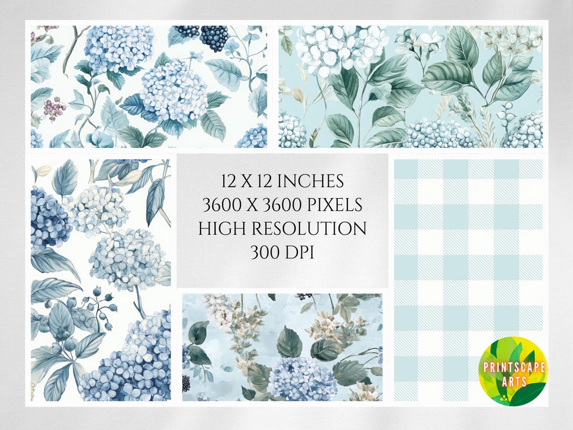 Vintage Toile Hydrangea Digital Paper: Pale Blue Floral (digital ...