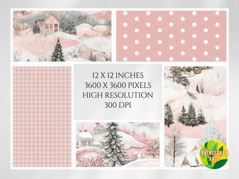 Blush Pink Winter Landscape Digital Paper Set: Vintage Christmas ...