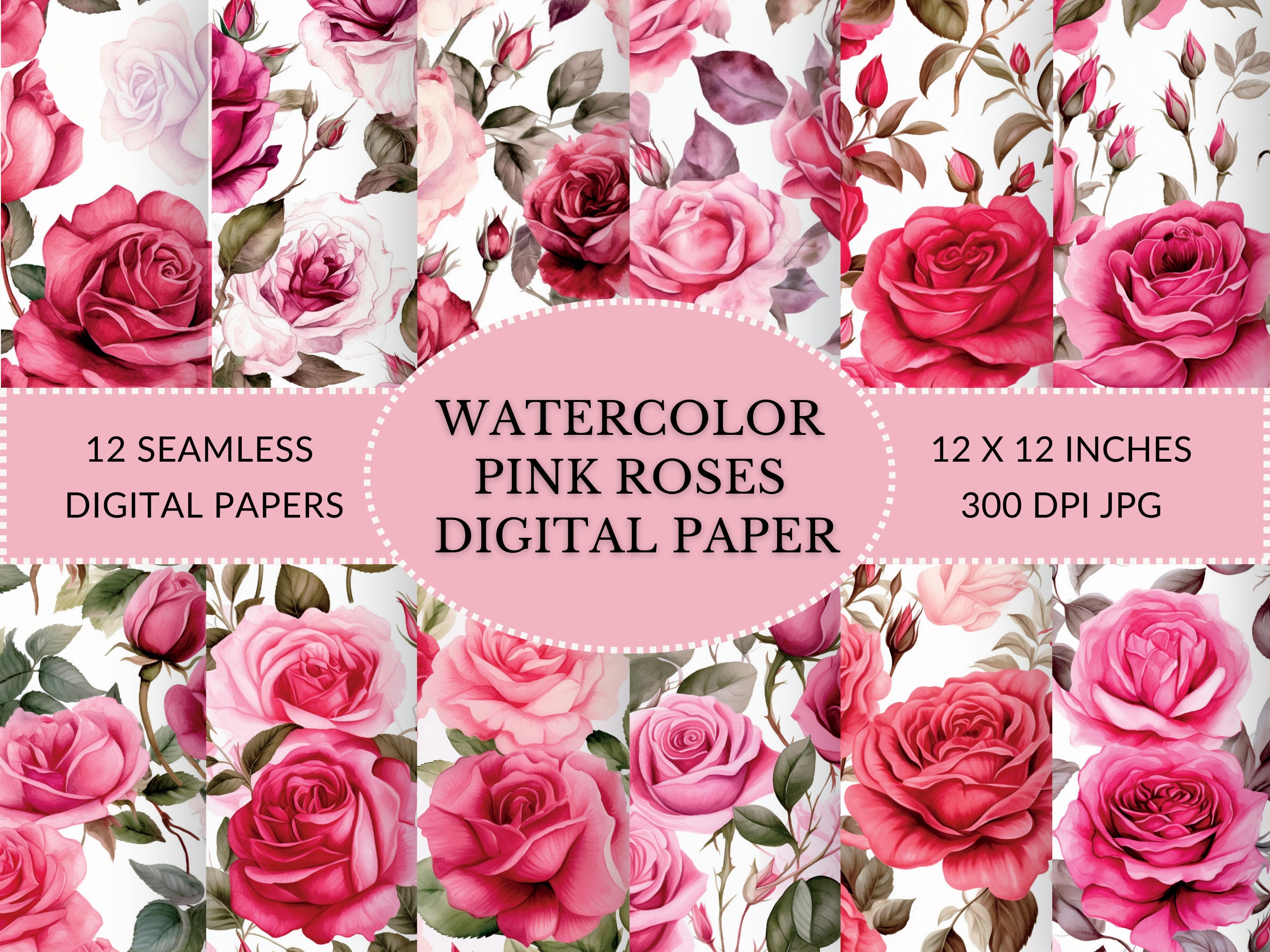 Watercolor Pink Roses Digital Paper: Seamless Floral Scrapbook (digital ...