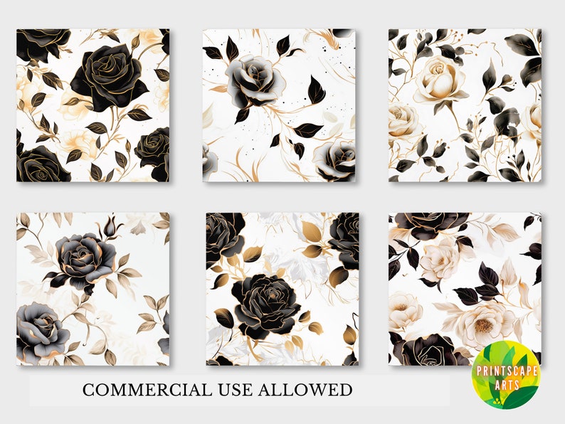 Watercolor Black and Gold Roses Digital Paper Pack, Roses Seamless ...