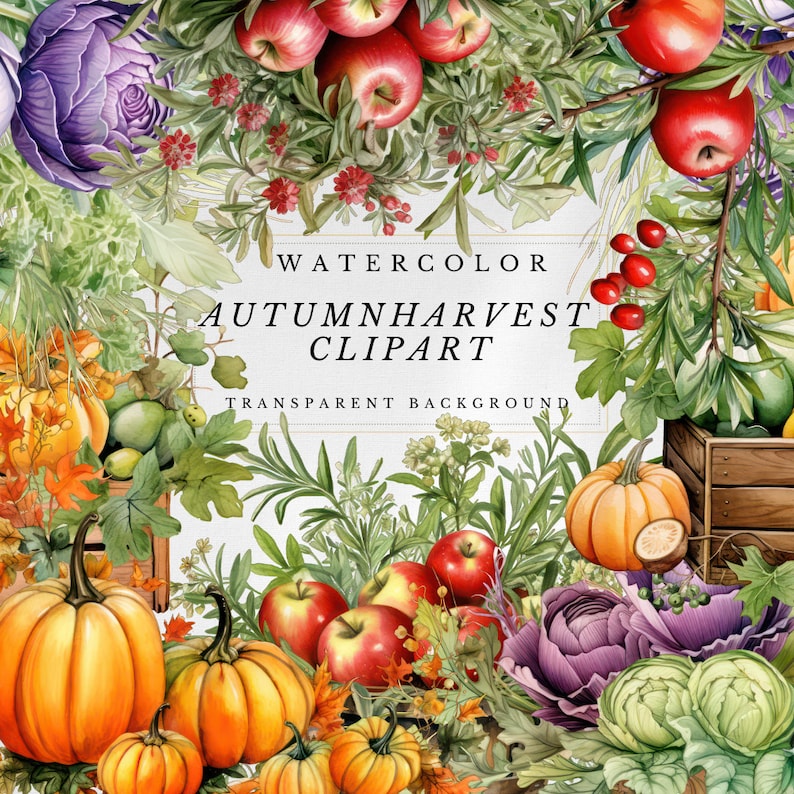 Autumn Harvest Clipart Fall Watercolor Clipart Autumn - Etsy