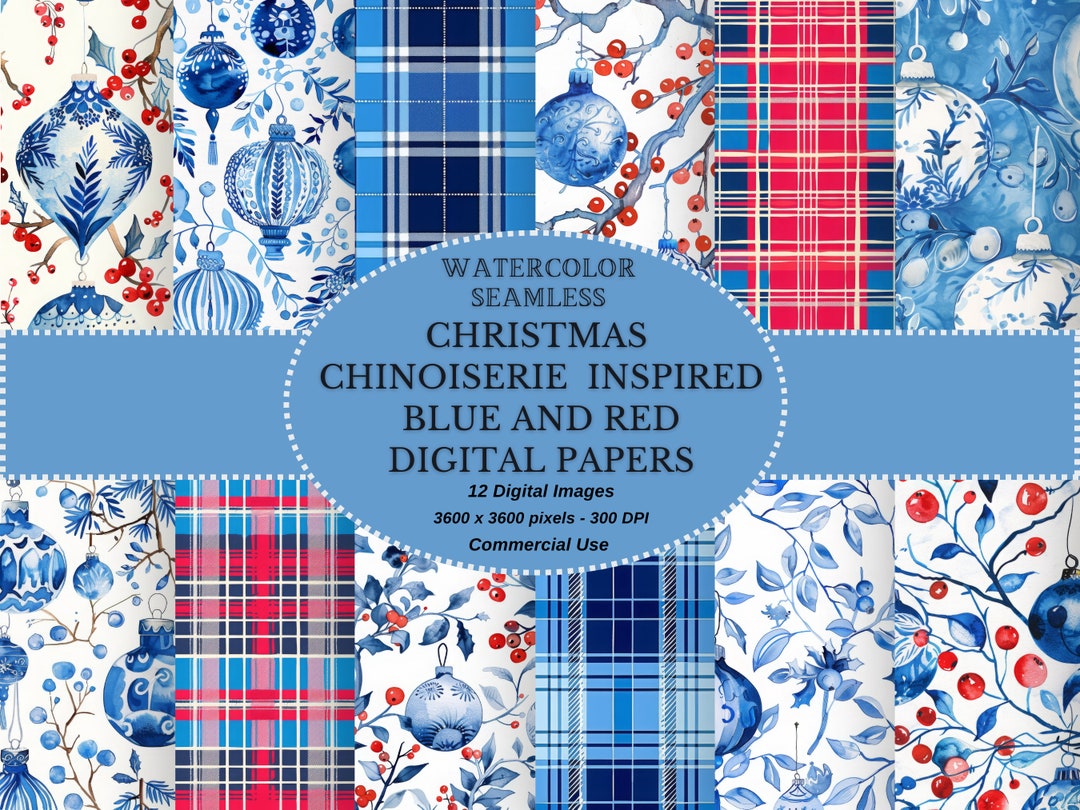 Christmas Chinoiserie Digital Paper: Blue & Red Ornaments (digital ...