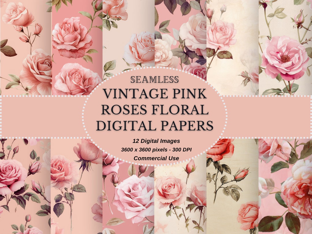 Vintage Inspired Watercolor Pink Roses Digital Paper Seamless Shabby ...
